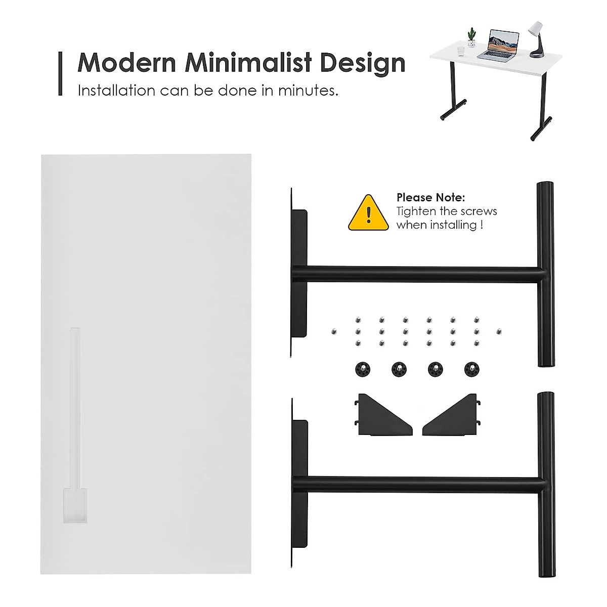 Sunon Home Office 47" Computer Desk Wood Writing Table with Cable Managemant, Black Metal Frame, White