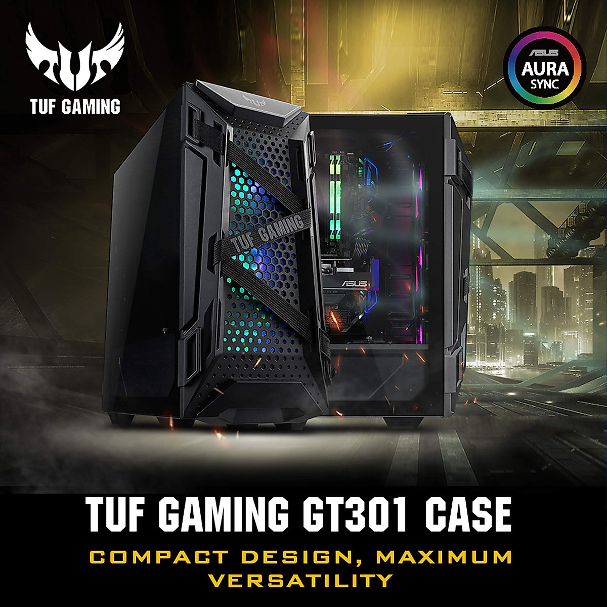ASUS TUF Gaming GT301 Mid-Tower Compact Case for ATX Motherboards with honeycomb Front Panel, 120mm AURA Addressable RBG fans, headphone hanger, and 360mm radiator support, 2 x USB 3.2