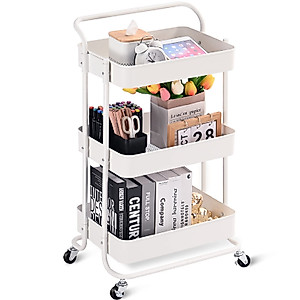 TOOLF 3 Tier Metal Rolling Cart, Utility Cart with Handle, Multifunction Storage Cart with Lockable Wheels, Serving Organizer Trolley with Mesh Basket for Kitchen, Bathroom, Office