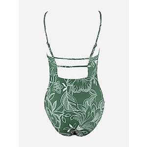 CUPSHE Women Swimsuit One Piece Bathing Suit Square Neck Cutout Back Tummy Control with Adjustable Spaghetti Straps, M Green Floral