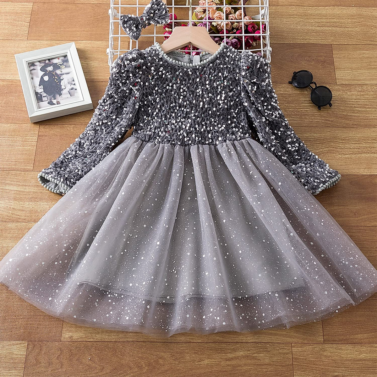 TTYAOVO Girls Sequins Long Sleeve Princess Party Dress Size 120 (4-5 Years) 1908 Grey-a