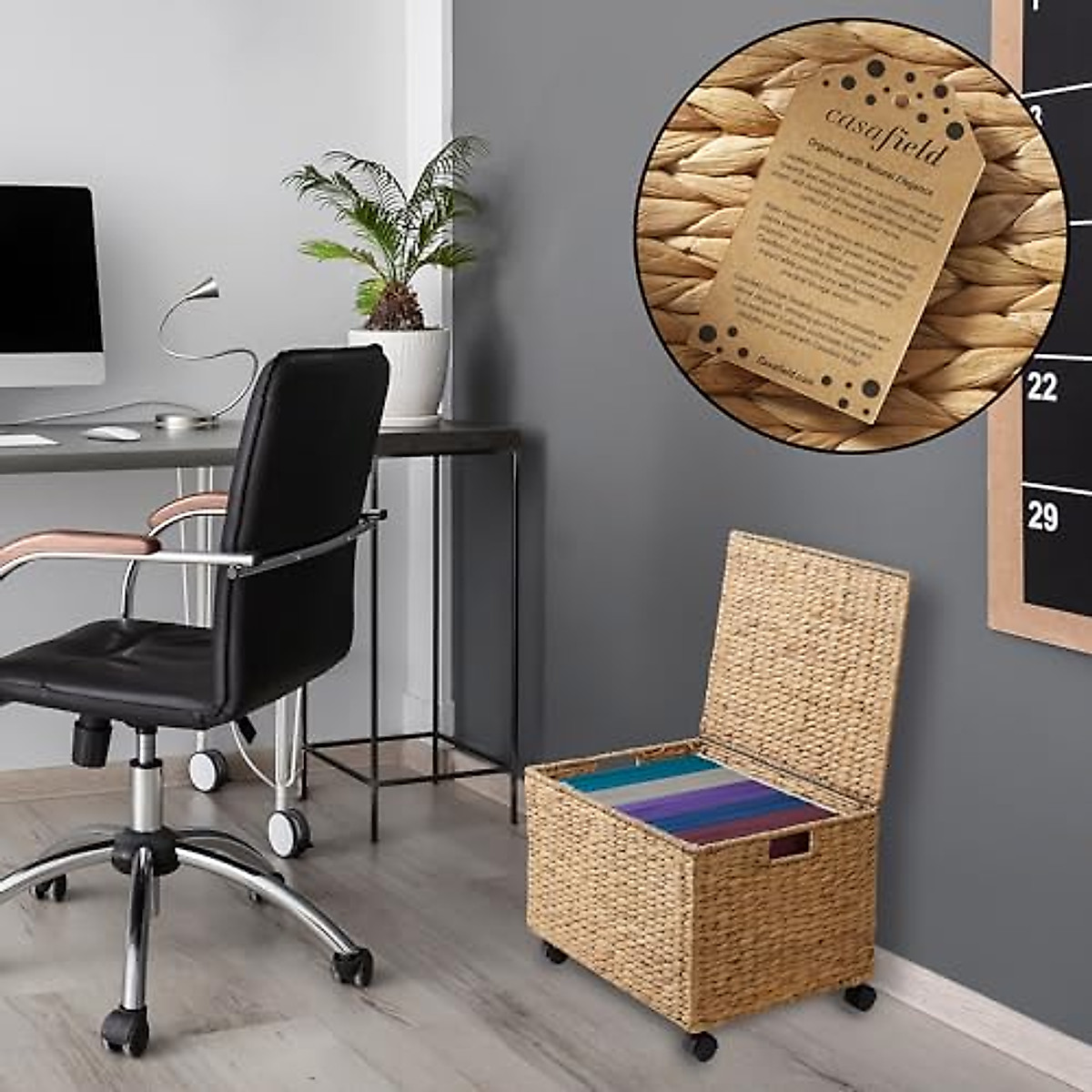 Casafield Rolling Filing Cabinet, Natural - Water Hyacinth File Organizer with Lid and Locking Wheels, Home Office Storage for Hanging Folders