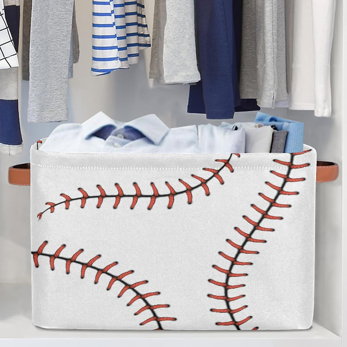 Baseball Storage Bin Basket, White Softball Large Toys Storage Cube Box with Handles, Collapsible Laundry Basket Rectangular Waterproof Storage Organizer Bin for Nursery Bedroom Shelves Gift Basket