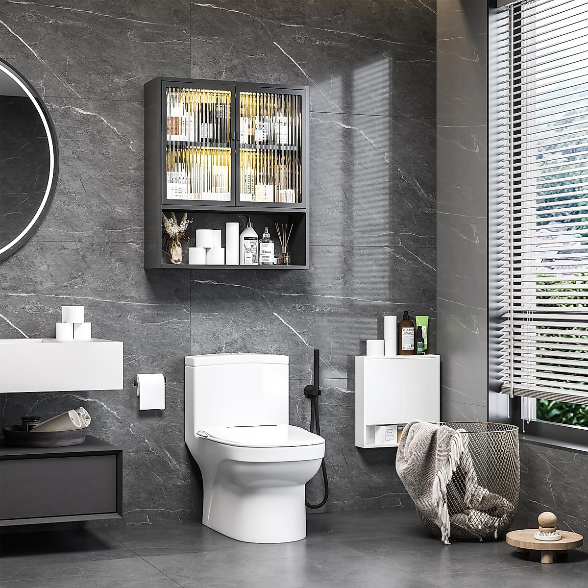 OSEILLC Bathroom Wall Cabinet, Metal Bathroom Wall Cabinet with Glass Doors and Lights, Black Bathroom Storage Cabinet, Over The Toilet Cabinet, Bathroom Medicine Cabinets