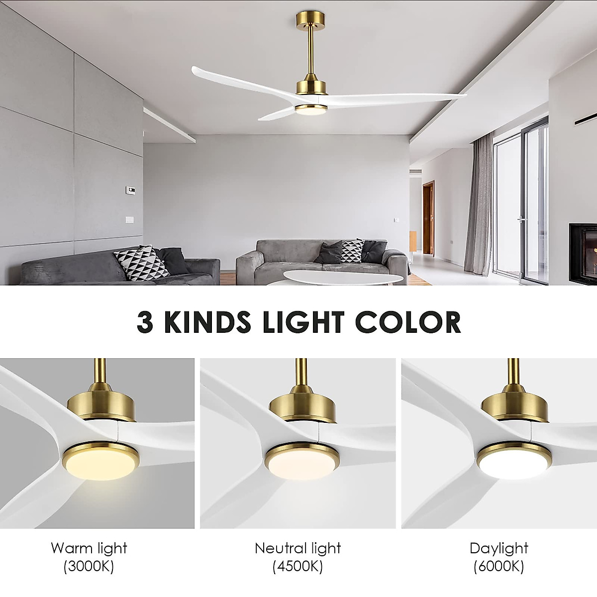 WINGBO 60 Inch DC Ceiling Fan with Lights and Remote Control, 3 Reversible Carved Wood Blades, 6-Speed Noiseless DC Motor, Modern Ceiling Fan in Brass Finish with White Blades