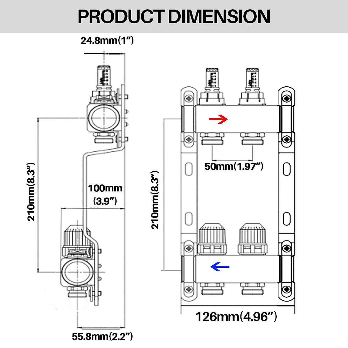 2-Branch Radiant Heat Manifold,Stainless Steel PEX Manifold with Compatible Outlets for Hydronic Radiant Floor Heating (1/2" Adapters included)