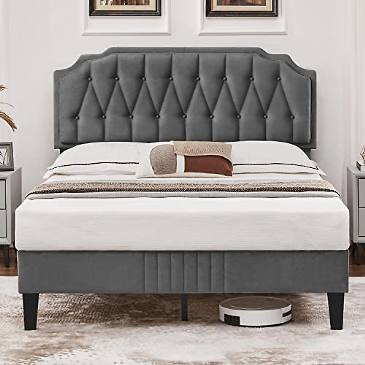 Yaheetech Full Bed Frame Velvet Upholstered Platform Bed with Curved Headboard, Height-Adjustable Headboard/Noise-Free/Wooden Slats Support/No Box Spring Needed/Easy Assembly, Dark Gray Full Bed