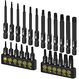 HORUSDY 24-Piece Tamper Resistant Star Bits, S2 Alloy Steel, 1" and 2.3" Long T5 - T40 Security Torx Bit Set.