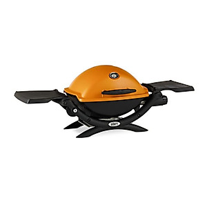 Weber Q1200 Liquid Propane Grill (Orange) Bundle with Portable Cart, Adapter Hose and Grill Cover (4 Items)