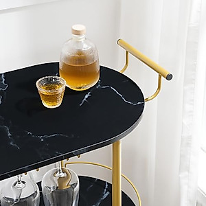 HOOBRO Bar Cart Gold, 3-Tier Home Bar Serving Cart with Lockable Wheels, Rolling Kitchen Cart with Wine Rack and Glass Holders, Mini Bar with Arc Fence for Party Marble Black and Gold DB60TC01