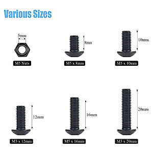 DYWISHKEY 150 Pieces M5 x 8mm/10mm/12mm/16mm/20mm, 10.9 Grade Alloy Steel Hex Button Head Cap Bolts Nuts Kit with Hex Wrench