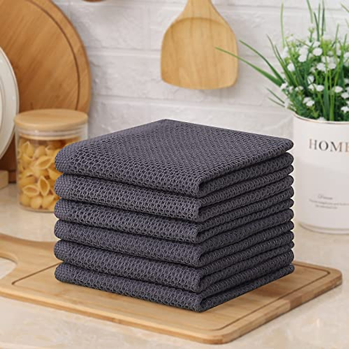 Kitinjoy 100% Cotton Kitchen Dish Cloths, 6 Pack Waffle Weave Ultra Soft Absorbent Dish Towels for Drying Dishes Quick Drying Kitchen Towels Dish Rags, 12 X 12Inch, Dark Grey