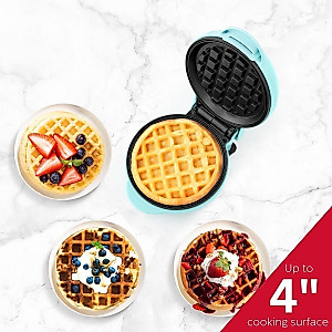 Mini Maker for Individual Waffles, Hash Browns, Keto Chaffles with Easy to Clean, Non-Stick Surfaces, 4 Inch, Waffles in Minutes (Aqua)