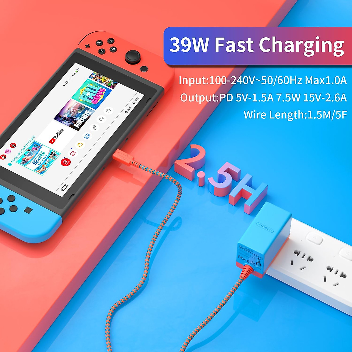 Mviioe Switch Charger for Nintendo Switch Switch AC Adapter 15V 2.6A Switch Charger Cord 5FT 39W Power Supply Compatible with Nintendo Switch/Lite/OLED/Steam Deck/PlayStation Portal