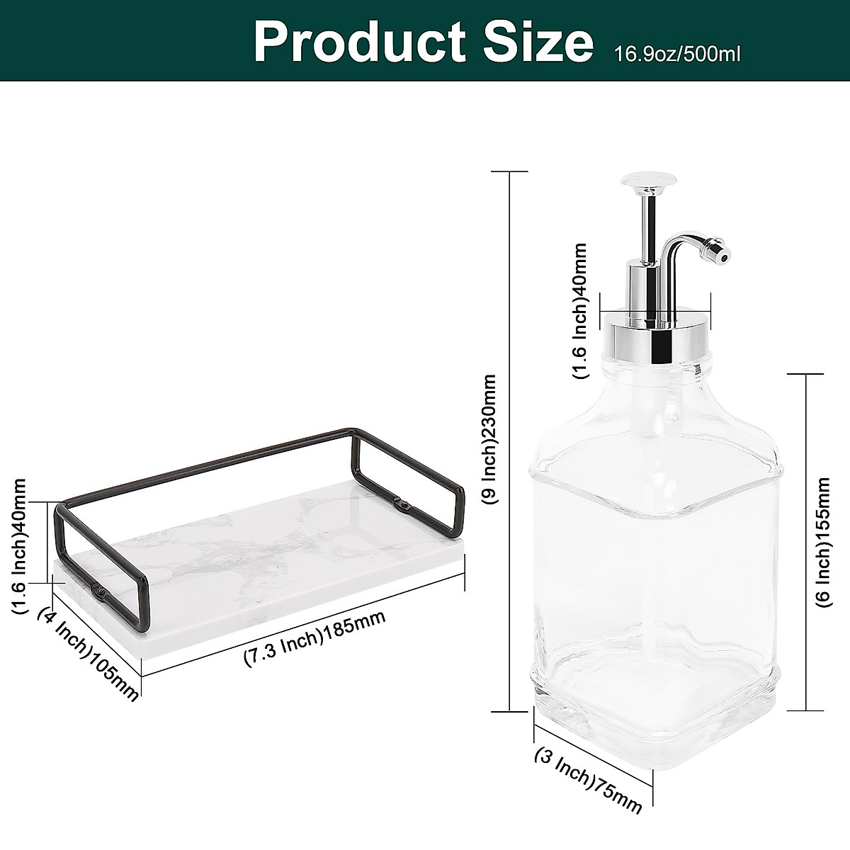 BathAce Coffee Syrup Dispenser for Coffee Bar, Clear Glass Syrup Bottles with Pump, Refillable Maple Syrup Dispenser, Coffee Bar Accessories and Organizer, 500ml, Set of 2 + Tray (Chrome Finish)