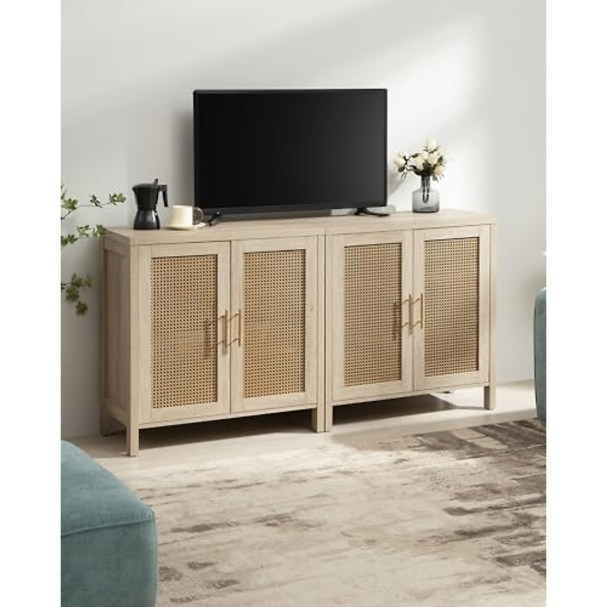 SICOTAS Sideboard Buffet Credenza Cabinet - 2 Pieces Farmhouse Coffee Bar Cabinets with Gold Mesh Doors and Storage - Industrial Accent Liquor Cabinet for Kitchen Living Room Hallway (Light Oak)