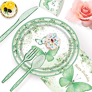 AWLZJZQA 168 Pcs Butterfly Plates and Napkins Party Supplies Serve 24 Guests Sage Green Birthday Plates Disposable Tea Party Decorations Happy Birthday Paper Plates Cups Flower Decor Spring for Women
