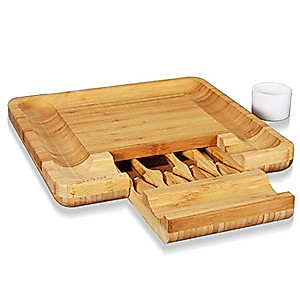 Bamboo Cheese Cutting Board Set - Flat Wood Serving Platter for Picnic Food or Wine, Rectangle Fruit and Meat Plate Kit w/Bowl, Closing Drawer Tray, 4 Stainless Steel Knives - NutriChef PKCZBD10