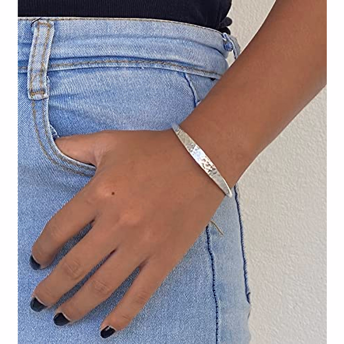 Hammered Sterling Silver Handmade Cuff Bracelet, Minimalist Simple Shiny Silver 1/4 inch Wide, 6 1/2 long, Thick and Solid, Gift for Her