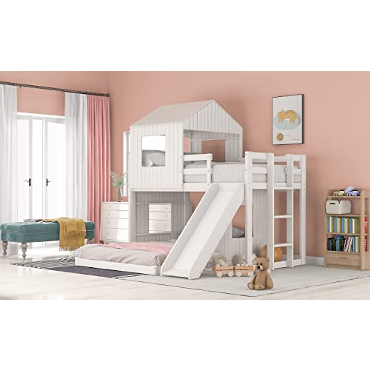 MERITLINE House Bed Bunk Beds with Slide Twin Over Full Size Bunk Bed Frame with Slide,Wooden Playhouse - Design Slide Bunk Beds Twin Over Full Bunk for Boys and Girls