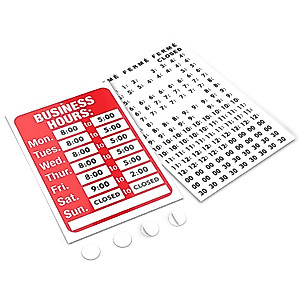 Open Signs, Business Hours Sign Kit - Bright Red and White Colors - 7.7 x 11.7 Inch - Includes 4 Double Sided Adhesive Pads and Black Number Sticker Set - Ideal Hours Of Operation Signs for Business, Store or Office