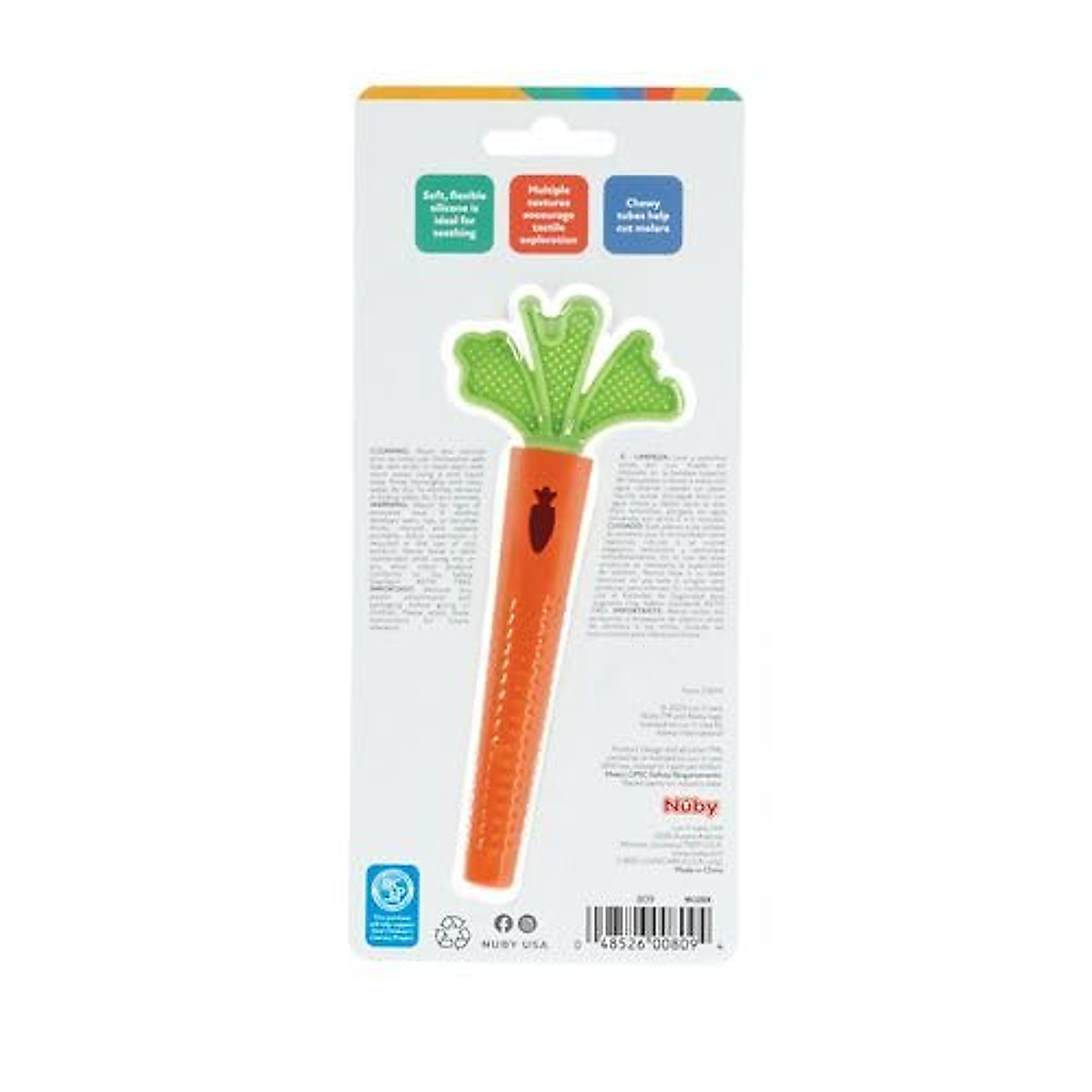 Nuby Silicone Carrot Tube Teether - Baby Teething Toy - Massaging Bristles for Sore Gums - 3+ Months - Toddler Easter Basket Stuffer