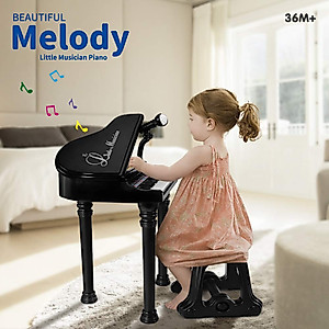 Kids Piano Keyboard Toys 31 Keys,Grand Piano for Beginners,3 4 5 6 Years Old Toddler Girl Boy Gift,Educational Musical Instrument,w/Microphone,Stool,Piano Lid,Lights,Note Stickers,Enamel Finish- Black