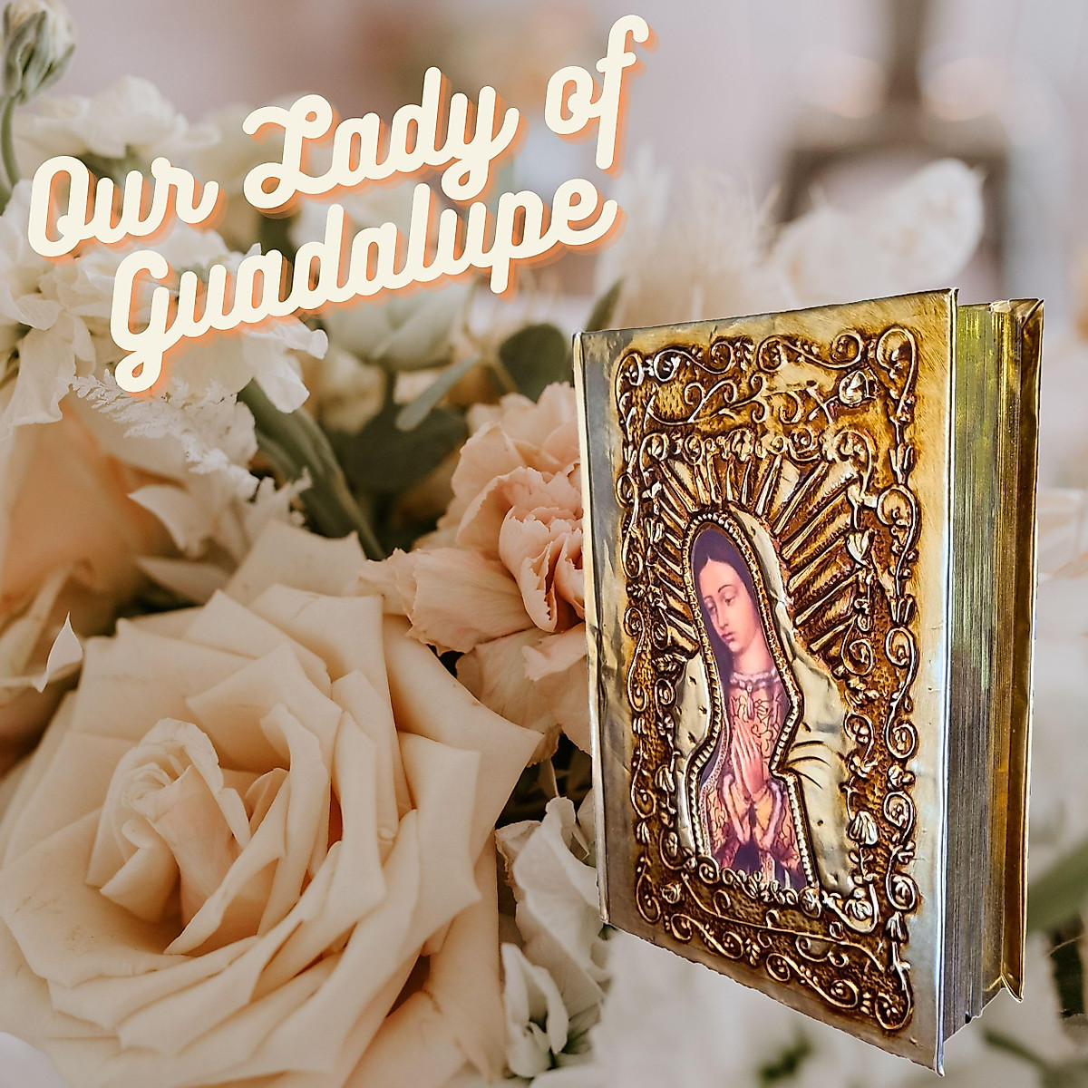 Catholic Spanish Bible with Metalic Cover of Our Virgen de Guadalupe Spanish Bible Large Print - Decorations for Catholic Wedding biblia