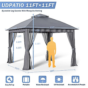 UDPATIO 11x11 Pop Up Gazebo Canopy Tent, Patio Outdoor Gazebo Tent with Mosquito Netting Outdoor Canopies for Shade and Rain for Lawn, Garden, Backyard and Deck, Grey