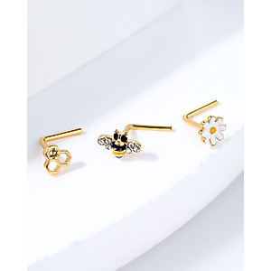 Jewseen 3PCS Nose Rings 20G Gold Nose Stud Surgical Steel Nose Piercing Jewelry Bee Nostril Piercing Jewelry L-Shaped Nose Piercings for Women Men