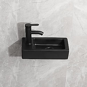 Black Bathroom Rectangle Wall Hung Porcelain Ceramic Small Sink Wash Art Basin with Overflow&Faucet for Cloakroom Lavatory Toilet (Left Hand)