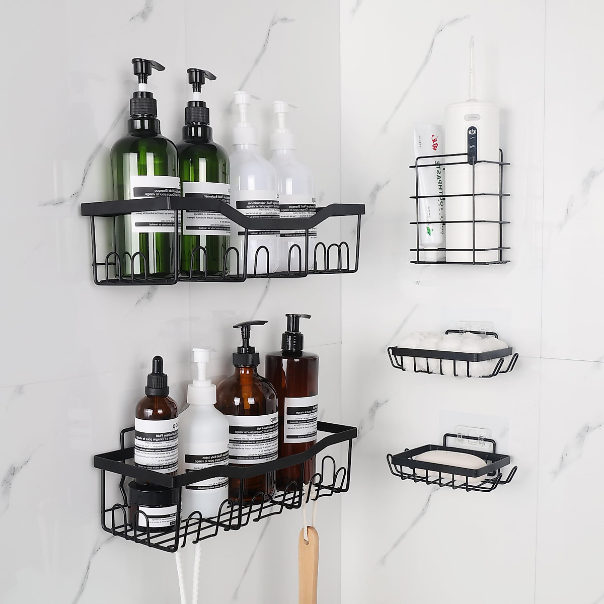 senzibser Shower Caddy [5-Pack] Black Shower Shelves for Inside Shower with Soap Caddy&Toothbrush Holder.NO Driling Easy Installation shower shelf