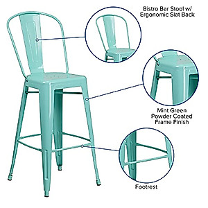 Merrick Lane Stella 30" Metal Indoor-Outdoor Barstool with Vertical Slat Back and Integrated Footrest in Mint Green