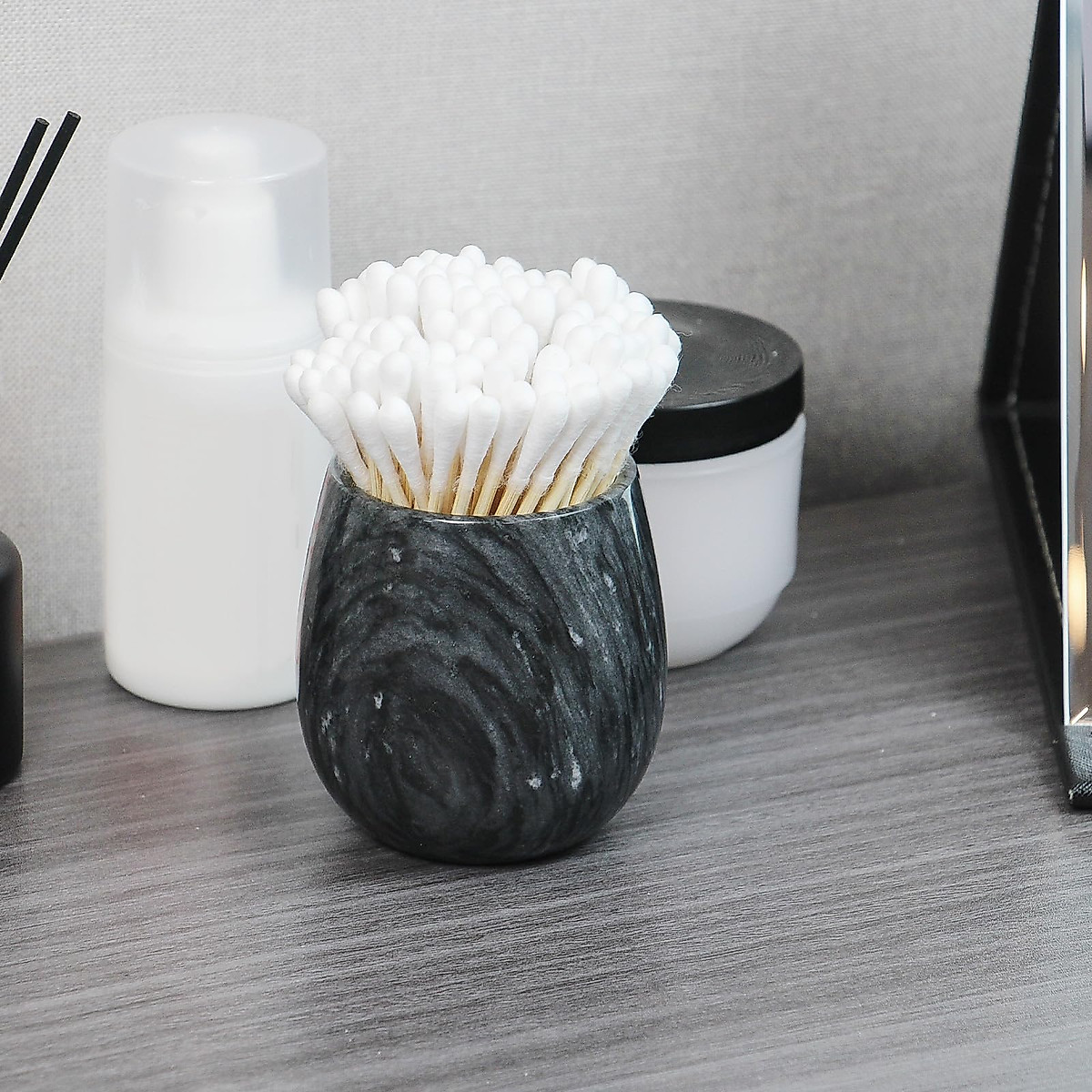 Marble Qtip Holder, Cotton Balls Holder - Modern Dispenser for Bathroom Organization - Q Tip Canister Accessories Cute Jar for Q-tip, Cotton Swabs, Toothpicks, Cotton Balls, Floss Sticks, Sea Salt