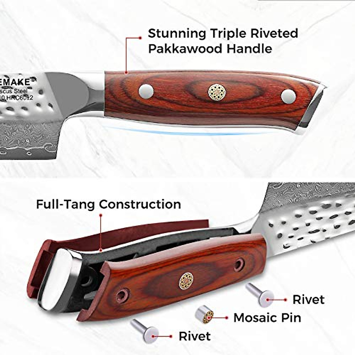 KEEMAKE Chef Knife 8 inch, Kiritsuke knife with Hammered Damascus Steel Blade Kitchen Knife, Japanese Gyutou knife with Pakkawood Handle Chopping Knife, Meat Cutting Knife With Walnut Sheath