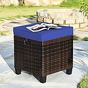 HAPPYGRILL 2pcs Patio Ottoman Set Outdoor Rattan Wicker Ottoman Seat with Removable Cushions Patio Furniture Footstool Footrest Seat