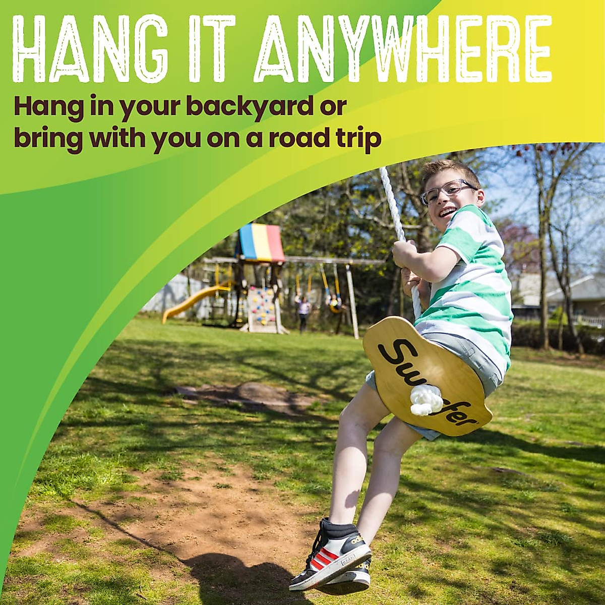 Swurfer Swift - Maple Wood Disc Swing for Kids Ages 4 and Up, Holds up to 150 Pounds - Includes 18" Curved Seat Swing with Heavy Duty Braided Rope, Brown