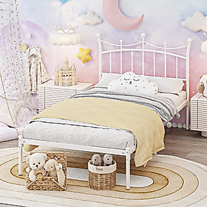 Weehom Twin Bed Frames with Headboard, Elegant Princess Bed for Girls Heavy Duty Metal Platform Bed Easy Assembly Under Bed Storage Space No Box Spring Needed Twin Size Bed for Kids Adults, White