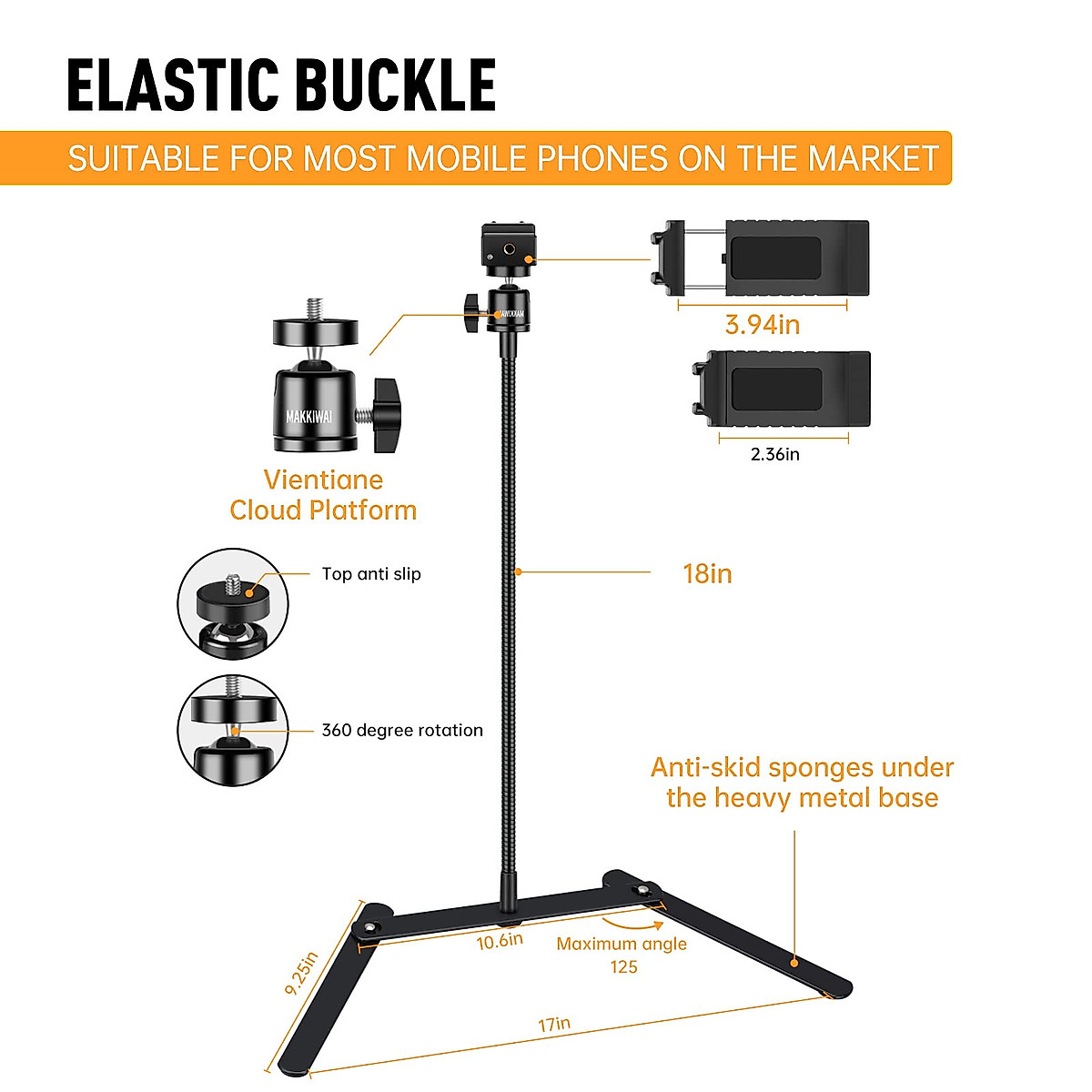 MAKKIWAI Phone Stand for Recording, Phone Tripod Adjustable and Solid, Overhead Phone Mount, Fixable Gooseneck Phone Holder for Video Recording, Online Teaching, Cookie Decorating, Live Streaming