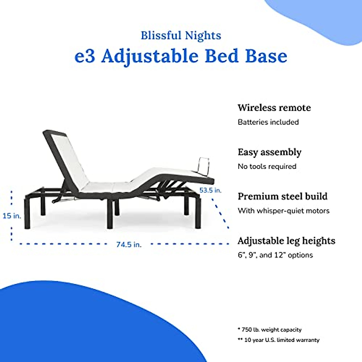 Blissful Nights e3 Full Adjustable Bed Base Frame with 14" Soft Gel Infused Memory Foam Mattress
