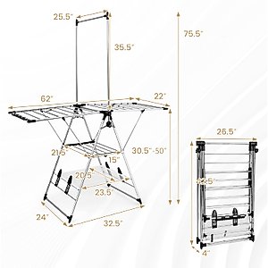 Tangkula 2-Layer Stainless Steel Drying Rack, Foldable Laundry Drying Rack w/ 1 Hanging Bar & 2 Height-Adjustable Wings, 23 Drying Rails, Netting Drying Rack, No Assembly Required