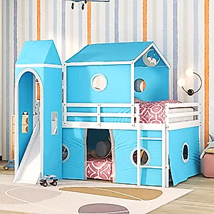 Merax Full Over Full House Bunk Bed, Kids Playhouse Bed, Solid Wood bunk Bed Frame with Slide Pink Tent and Tower, for Girls and Boys, Blue