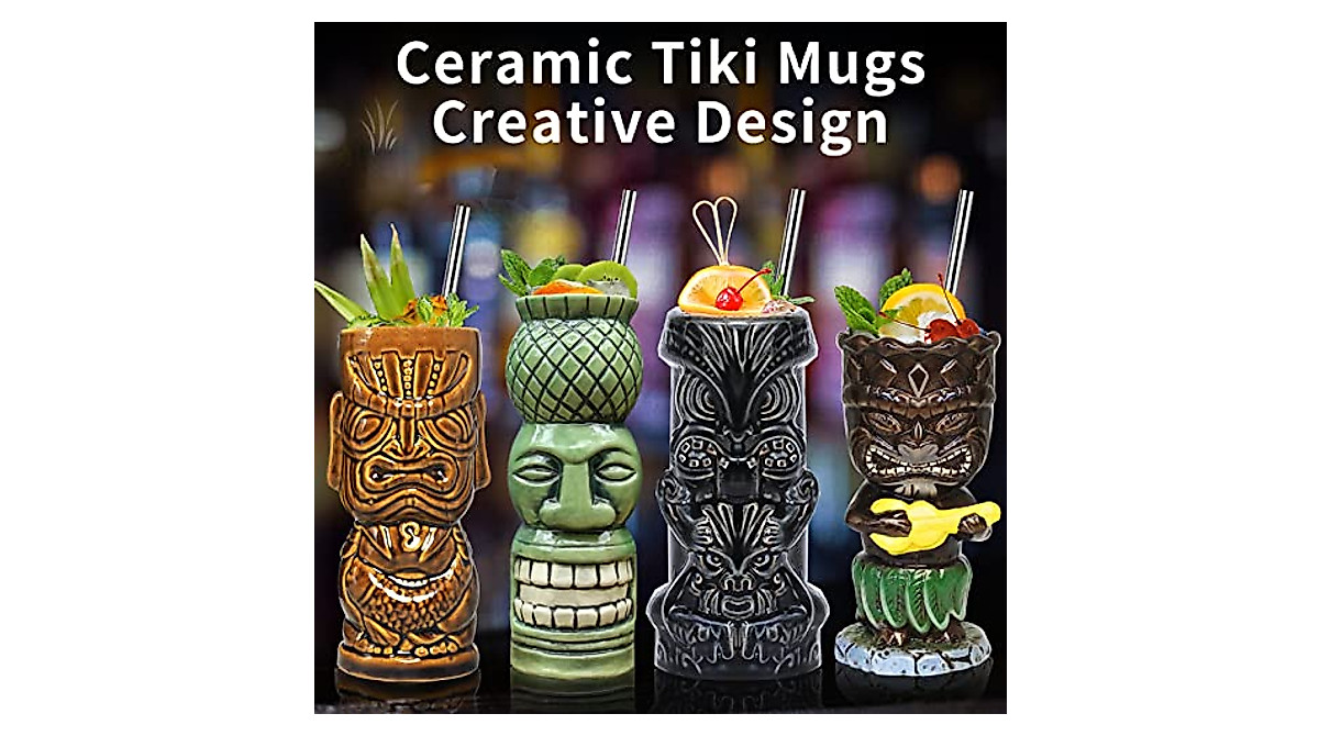 Tiki Glasses for Cocktails - Set of 4 Ceramic Tiki Mugs for Parties