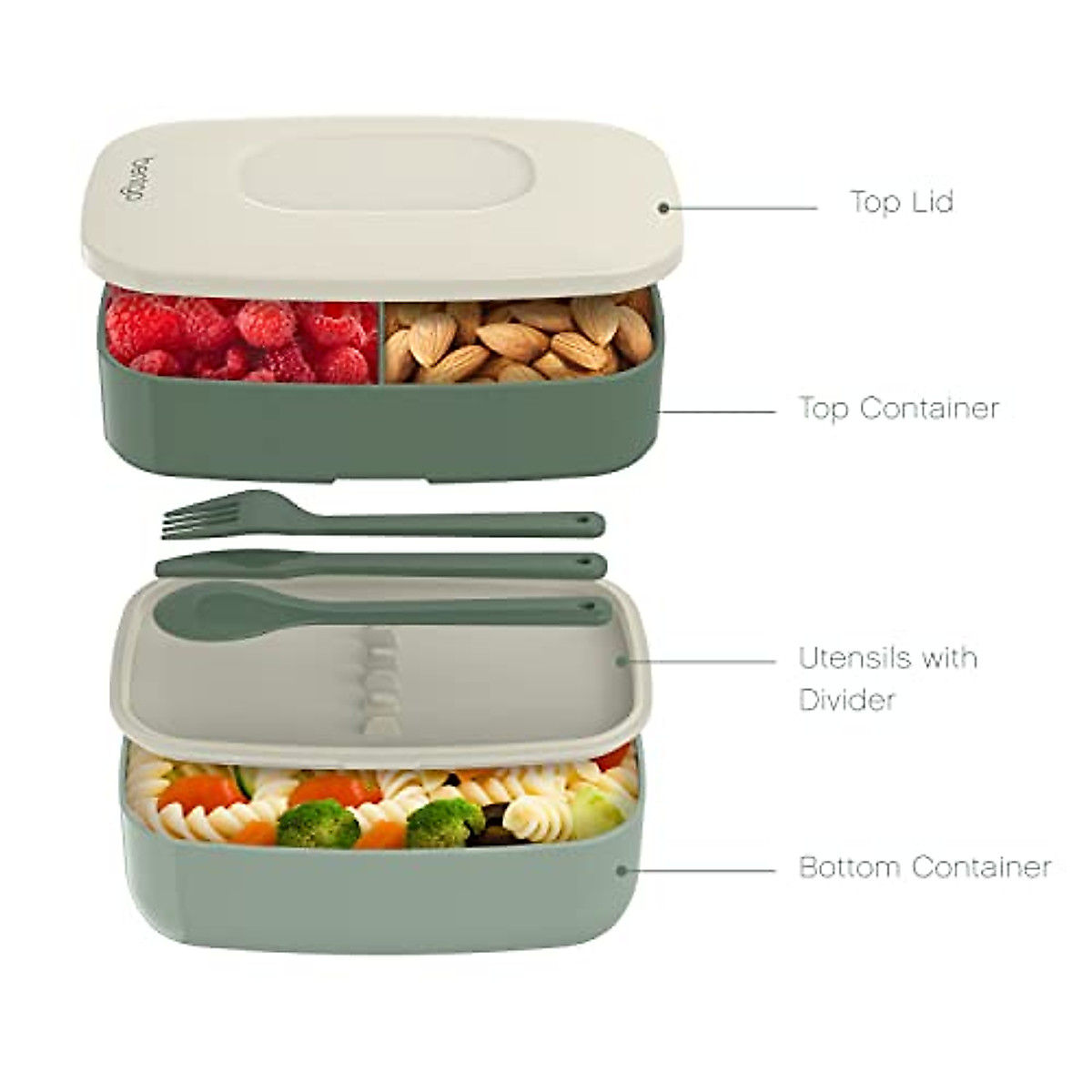 Bentgo Classic - All-in-One Stackable Bento Lunch Box Container - Modern Bento-Style Design Includes 2 Stackable Containers, Built-in Plastic Utensil Set, and Nylon Sealing Strap (Khaki Green)