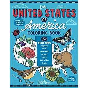 The United States of America Coloring Book: Fifty State Maps with Capitals and Symbols like Motto, Bird, Mammal, Flower, Insect, Butterfly or Fruit