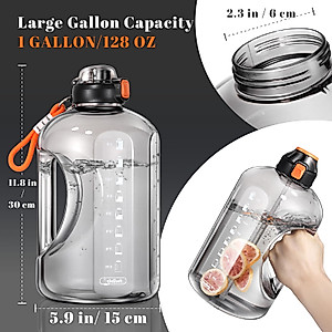 Feeljuly 1 Gallon Water Bottle with Straw, 128 oz Large Bottles Times to Drink, Reusable Leak Proof Jug Handle, 2 Lids BPA Free Big Sports for Fitness Gym Camping Grey