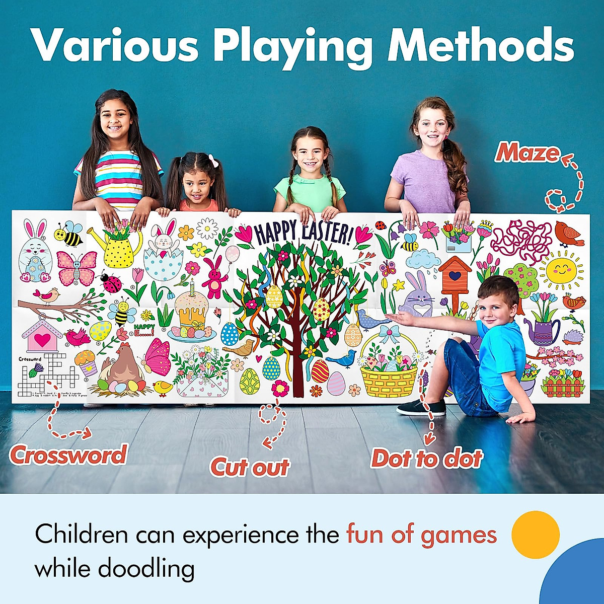 JellyPanda Easter Large Coloring Table Cloth Happy Easter Giant Coloring Poster Bunny Egg Pages Sheets Paper for Kids Adults 71 * 23.6 in