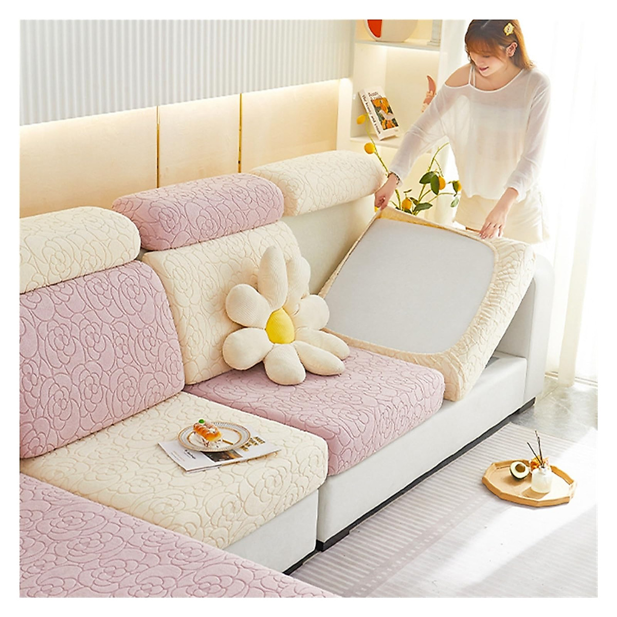 GRFIT Stretch Waterproof Magic Sofa Cover，Flowers U Shaped Sectional Couch Covers ，for Sectional Sofa L Shape，Wear-Resistant Universal Sofa Cover (Color : Light Blue, Size : 3 Seater(3pcs))