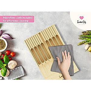 Isabel Lily - Bamboo Kitchen Knife Holder for Drawer | Organize 8 Short and 8 Long Knives and 1 Sharpener | Anti-Slip Surface | Includes Microfiber Cloth