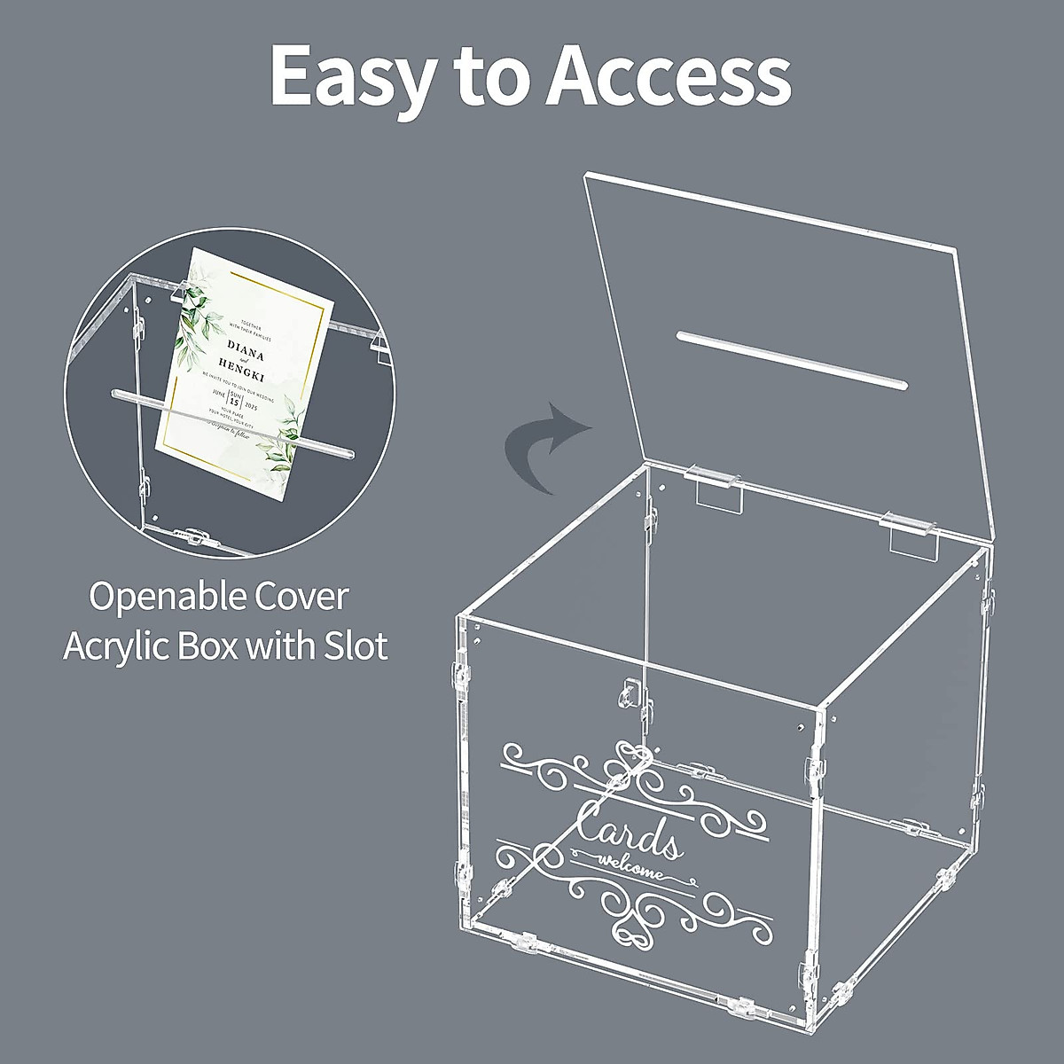 FEMELI Acrylic Wedding Cards Box with Slot & Lock, 10x9.6x9.3in Large Clear Gift Letter Envelope Card with Sign/ 2 Keys/ light for Reception Anniversary Birthday Party Baby Shower Decorations